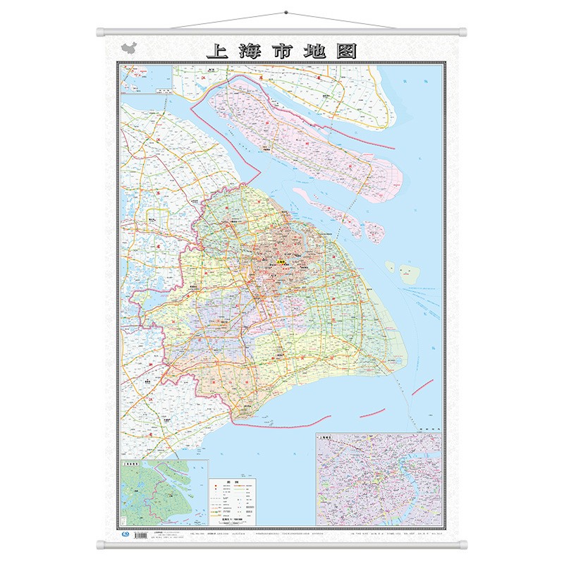 2023年 上海市地图 覆膜防水 政区交通地形 约1.1米*0.8米 带杆挂图