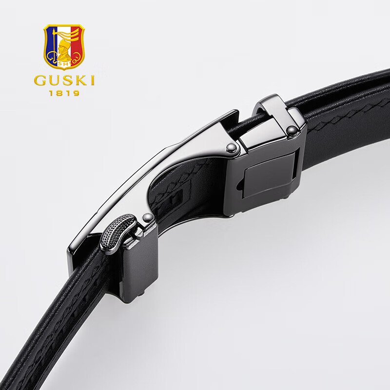 古士旗（GUSKI）法国品牌皮带男真皮轻奢自动扣男士腰带纯牛皮高档裤带生日礼物 【专柜礼盒】680097A百搭枪色 115cm -130cm ...