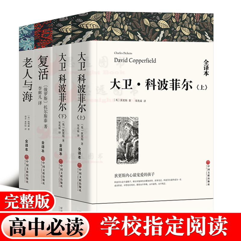 大卫科波菲尔复活老人与海百年孤独高中生版查尔斯狄更斯高一必读课外书全译本原版原著中文版无删减完整 大卫科波菲尔(上/下册)+复活+老人与海【全4册】