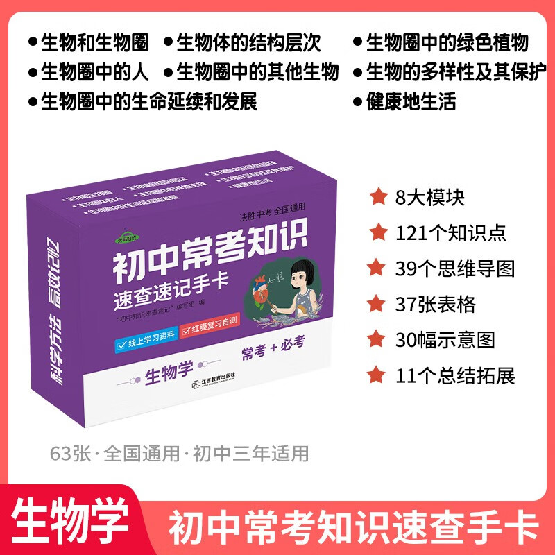 【科目可选】初中知识点速记卡 初中小四门必背知识点中考九科记忆手卡语文数学英语物理化学生物地理历史政治知识点速记手卡卡片 手卡【生物学】