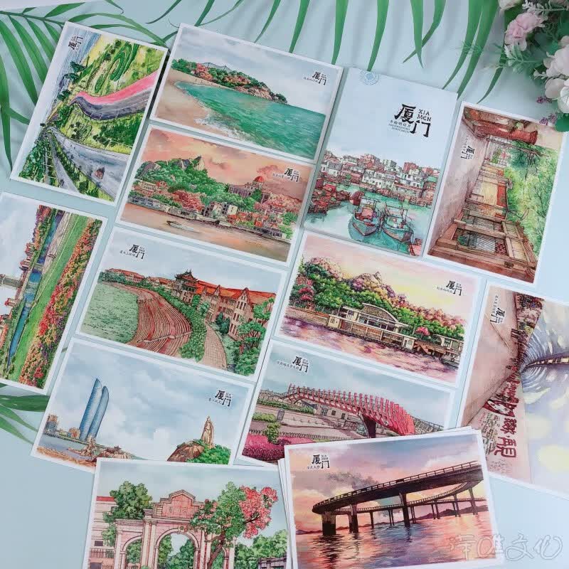 唯美文艺厦门大学校园明信片书签鼓浪屿旅行风景手绘摄影纪念贺卡 厦门 手绘明信片 15张 16.8*10.5厘米