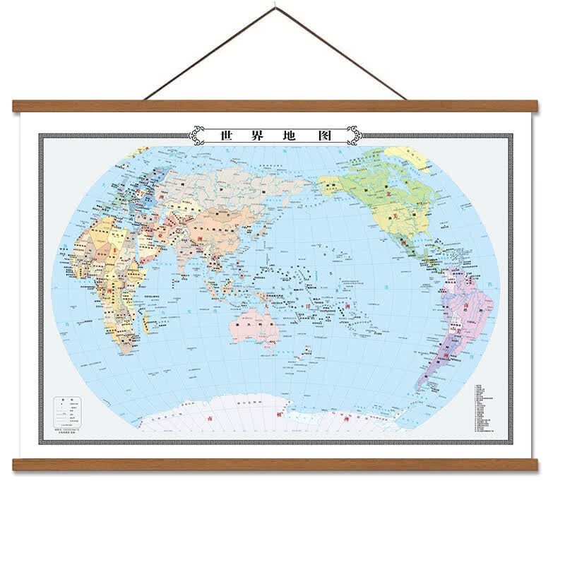 实木复古中国挂图地图世界办公室书房客厅装饰画墙面挂墙壁 蓝色海洋世界地图 单幅价格+120x80cm+金丝柚木框+防水油画布