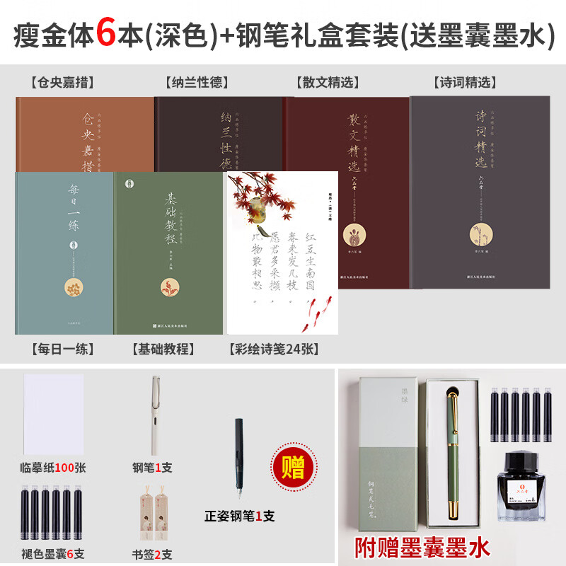 瘦金体字帖硬笔成年男女生字体女士临慕字帖行楷入门初学者专用宋 瘦金体6本(深色)+钢笔礼盒装