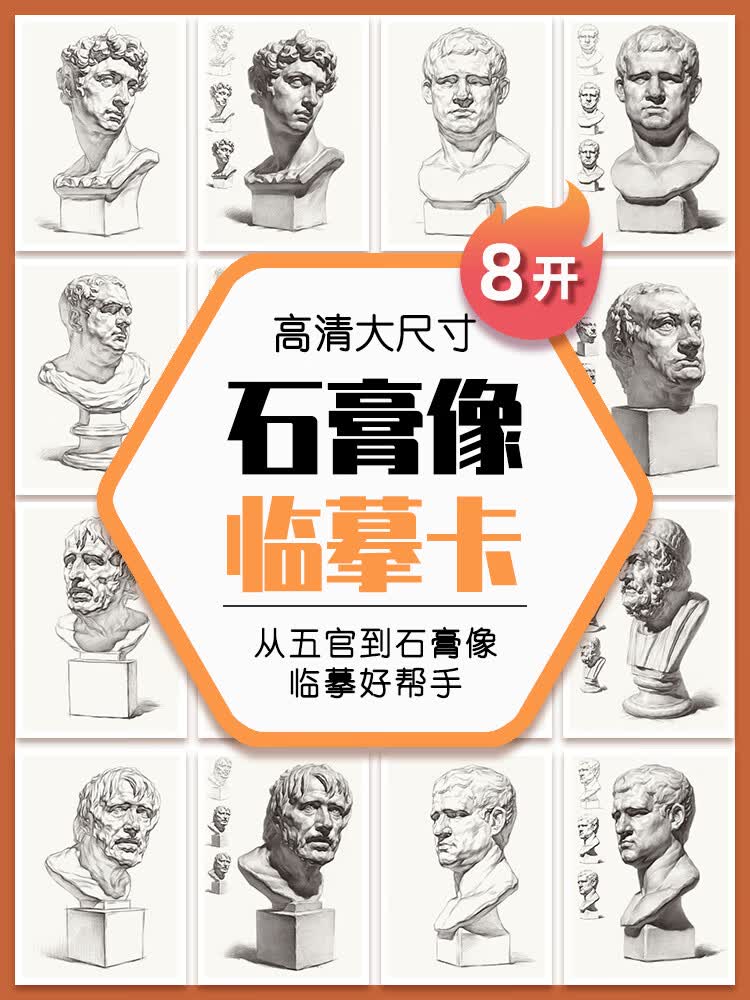 素描石膏像临摹卡8K五官头像卡片高清精微画单体国美初级照片画册基础入门图片教材教学美术几何体静物绘画本16440