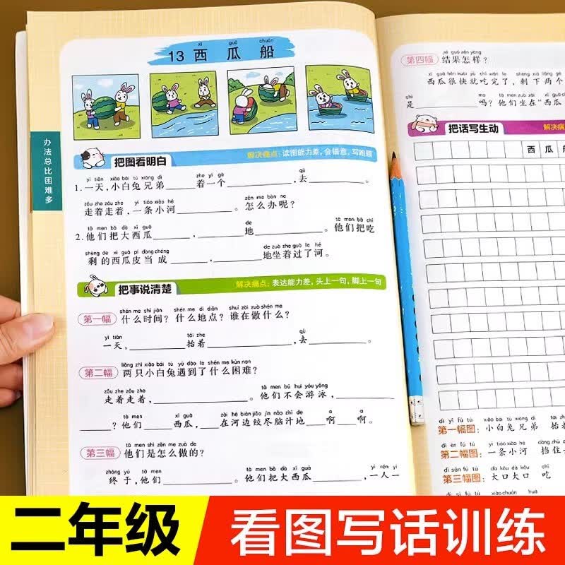 看图写话二年级上册下册看图说话写话训练范本大全一年级二年级语文人教版教材小学作文天天练思维导图范文每日一练专项同步练习册上下 【大开本加厚85页】二年级看图写话