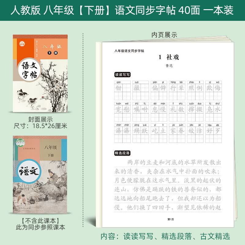 七年级上册下册语文同步字帖人教版初中生钢笔练字帖初一初二初三正楷古诗词练字帖中学生楷书硬笔练字本书 八年级下册