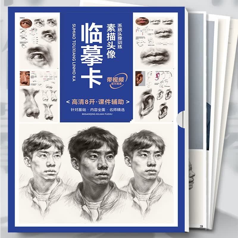 高清8k临摹卡结构素描2023敲门砖系统结构训练单张装帧双面印刷视频课件素描结构单体组合静物初学者素描入门美术艺考临摹 高清8k临摹卡素描头像