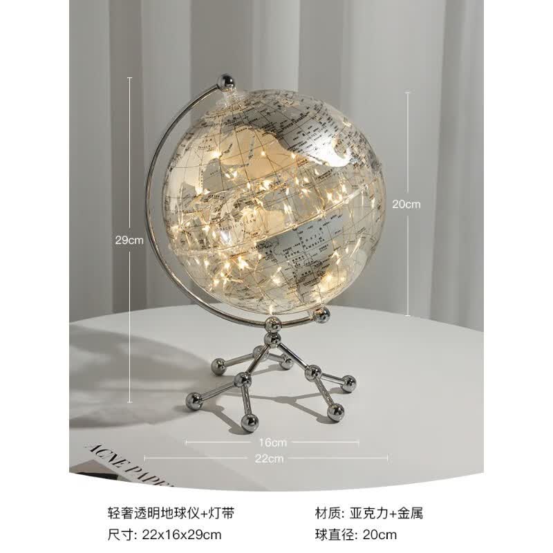 北欧轻奢水晶地球仪摆件创意办公室桌面书房高档家居客厅酒柜饰品 透明地球仪摆件+灯带