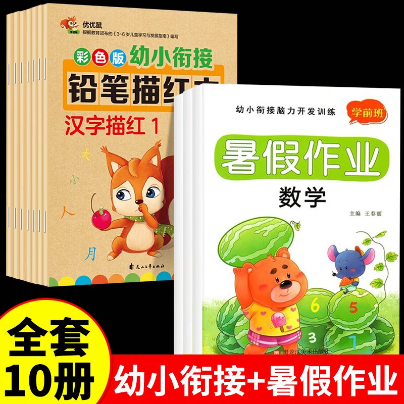 幼小衔接暑假作业全套3本 学前班幼儿园大班拼音练习册数学思维训练书语言练习册一日一练 幼升小学前准备系列衔接升一年级入学准备学前思维训练语文教材练习题 【全10册】暑假作业+汉字描红