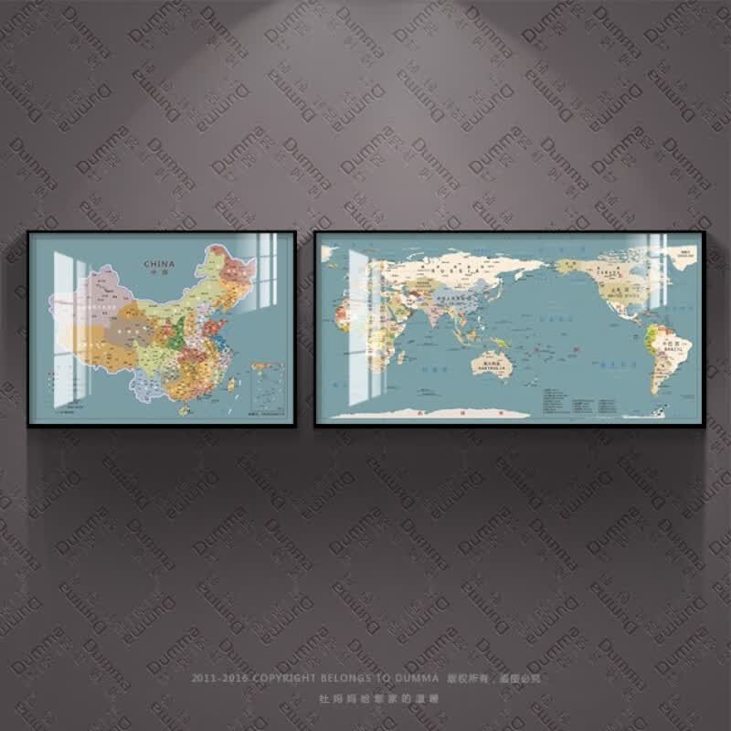 世界地图墙面装饰中国地图组合背景墙壁画公司老板办公室墙面挂画 中国地图中文+中英文世界地图款式8 (官方2022最新带审图号)一套组合价格+中国