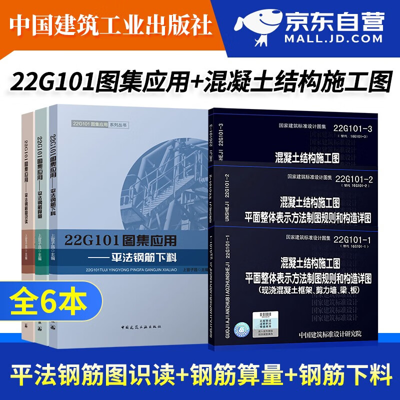 22G101图集全套3本+图集应用 共6本 混凝土结构施工图 平面整体表示方法制图规则和构造详图 平法钢筋图识读+平法钢筋算量+平法钢筋下料 建工社