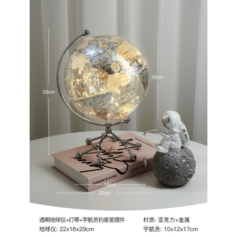 北欧轻奢水晶地球仪摆件创意办公室桌面书房高档家居客厅酒柜饰品 透明地球仪摆件含灯带+宇航员钓星星摆件