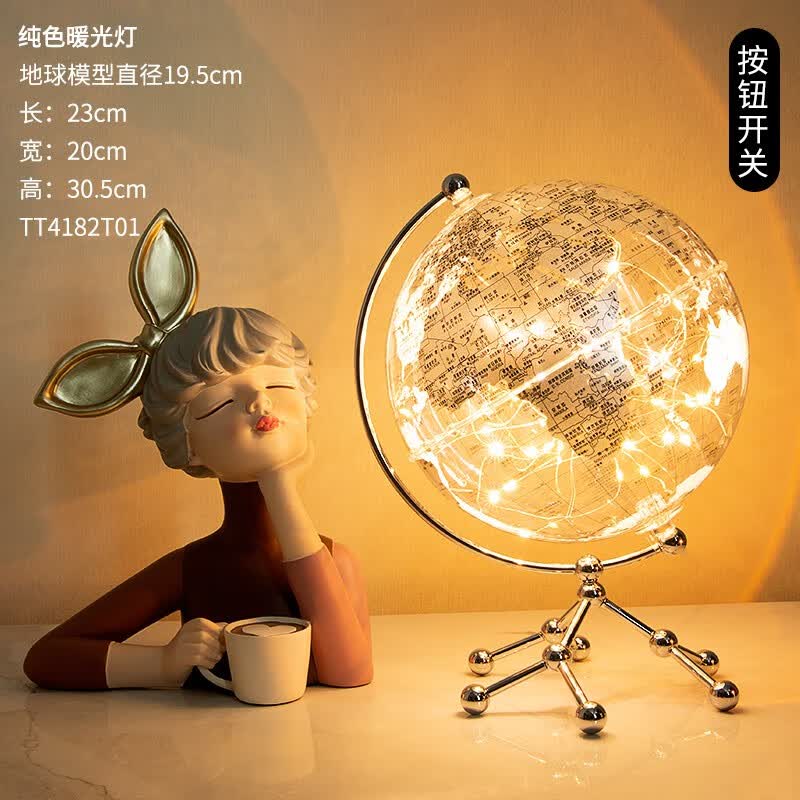 创意透明地球仪摆件轻奢高档客厅电视柜办公室书房桌面家居装饰品 银色带灯+小女孩咖啡色