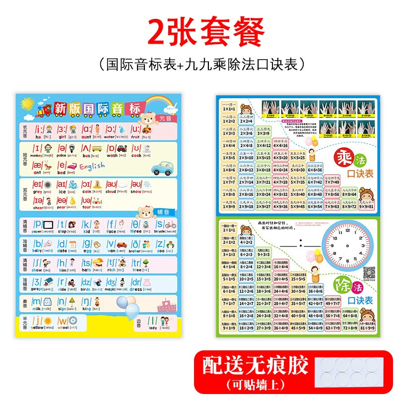 最新版48个英语英文国际音标有声挂图卡片小学生单词学习神器教具 (2张)国际音标+乘除法