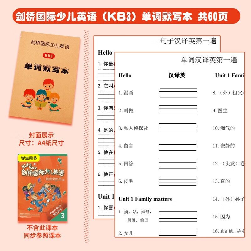 Kids box剑桥国际少儿英语单词默写本英译汉译英四线三格词汇本 剑桥国际少儿英语KB3默写本