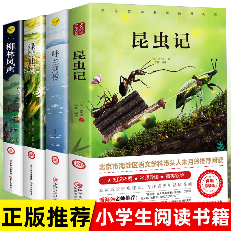 昆虫记法布尔小学生三四年级下册必读原著完整版八年级上册必读课外书美绘版青少年版 朱月玲推荐名著读 【全4册】昆虫记+柳林风声+绿野仙踪+呼兰河传