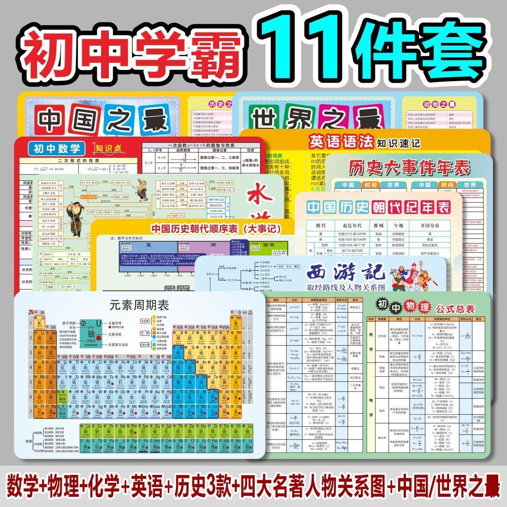 初中知识点记忆卡归纳总结手卡历史朝代顺序数学物理化学英语学霸 初中学霸【11件套卡】