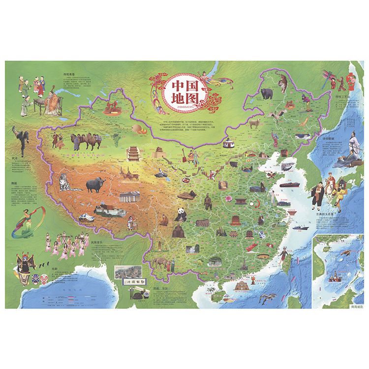 英文世界客厅中文房装饰画挂画贴不伤墙 中文中国趣味地图 107*200布地图后面没胶
