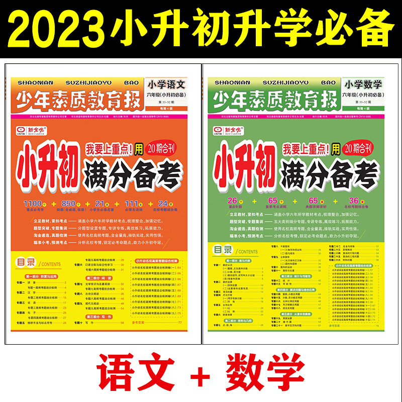 23年小升初少年素质教育报小升初满分备考六年级下册人教版冀教版 语文+数学