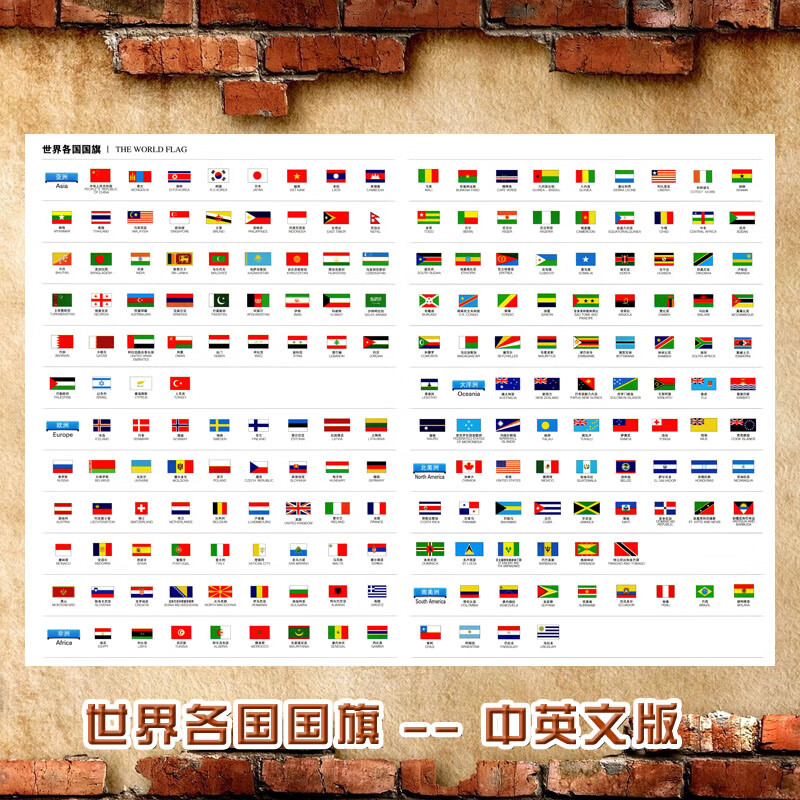 世界各国海报 中英文 中文版墙贴 超大巨幅 装饰画 世界各国国旗中英文 油画布（有配送专业胶不伤墙）120*170（超大、