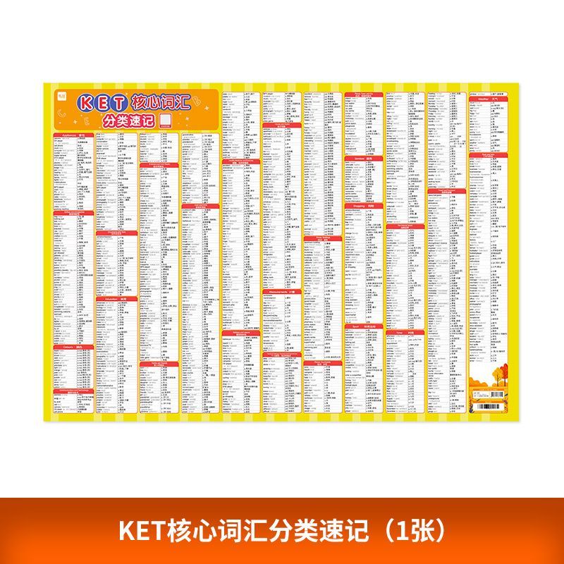 剑桥等级ket核心表天天练高效记单词挂图纸 KET核心词汇表（1张）