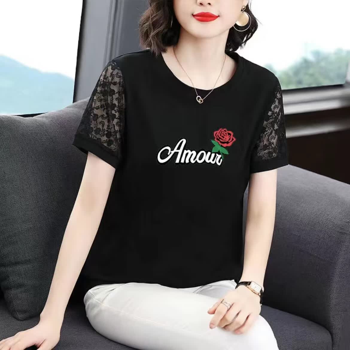 中年女士纯棉t恤女2023夏季新款妈妈短袖时尚设计感宽松显瘦上衣 英文玫瑰黑色 XL 115-125斤