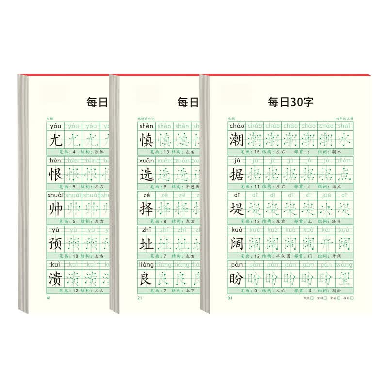 四五六年级上册下册语文同步点阵练字帖每日30字人教版生字组词拼音笔画笔顺偏旁控笔训练字帖小学生专用减压 4年级上册3本【送2铅笔2握笔器】