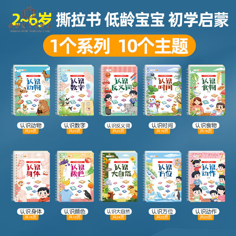 识字启蒙游戏书宝宝撕拉书识字早教粘贴安静婴儿手撕撕书幼儿早教魔术贴2-3-6岁识字认物卡片可反复贴纸 全套10本识字启蒙撕拉游戏书买套装划算