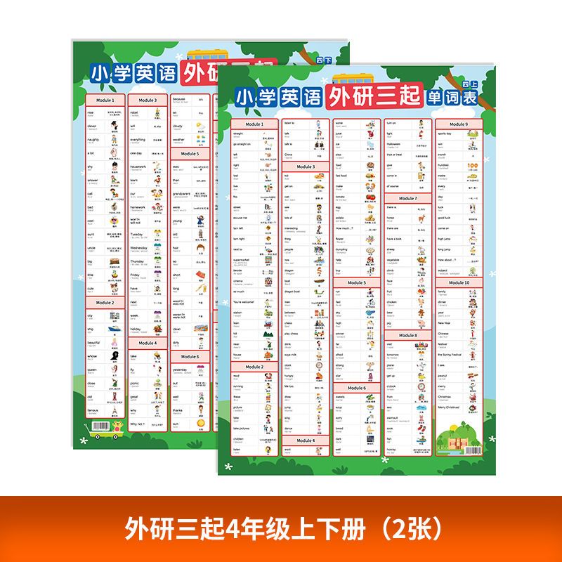 生单词表外研三起版三四五六年级彩色挂图纸 四年级上下册（2张）