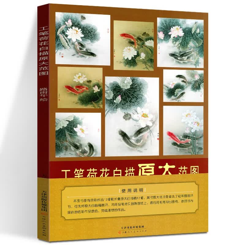 工笔荷花白描原大范图 路雨年绘 工笔鲤鱼荷花原大版实用白描画稿12幅 附彩稿 临摹范本 天津人美