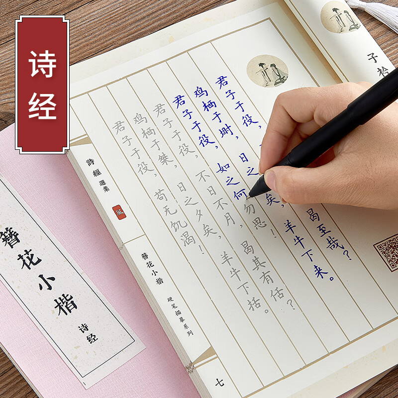 字帖行楷临摹楷书练字大学生成年女生字体漂亮钢硬书法手写练字本心经抄经本簪花小楷写字女生霸气樱花字体六 诗经簪花小楷【线装版】送1支笔壳，4支褪色笔芯临摹