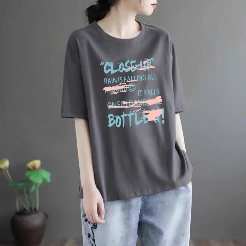 品牌折扣店~意大利出口女装夏季新款T恤100%全棉短袖宽松上衣 深灰色【英文涂画】 2XL （建议145-160斤）