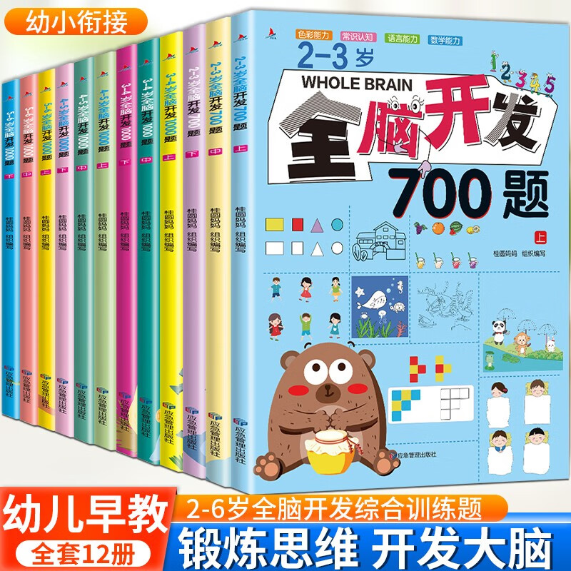 全脑开发2-3岁700题 全脑开发1000题儿童思维训练宝宝左右脑开发婴幼儿早教书籍专注力训练书逻辑思维 儿童益智书游戏 全套12册】全脑开发700题+1000题