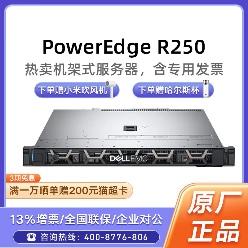 Dell/戴尔 PowerEdge R240/R250/R350机架式入门级服务器ERP企业网络财务文件共享数据存储商用办公主机 支持定制方案：400-8776-806