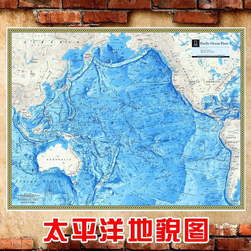 超大巨幅太平洋地形地貌板块地图海沟海洋英文版客厅办公室装饰画 太平洋地貌图 防水化纤油画布140*183（超大、推荐）单幅张贴
