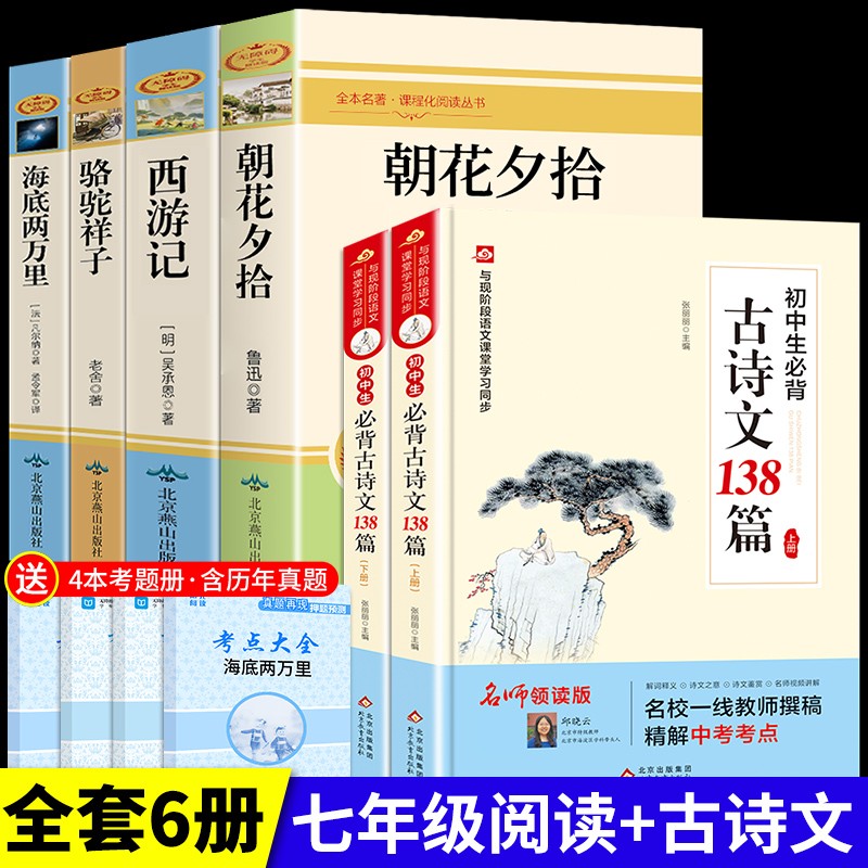 全套4册 朝花夕拾和西游记海底两万里骆驼祥子原著七年级必读课外阅读上册名著书初一课外书上册下册老师经典书目书籍7上初中生推荐纪 【6册】七年级上下册+必背古诗文138篇