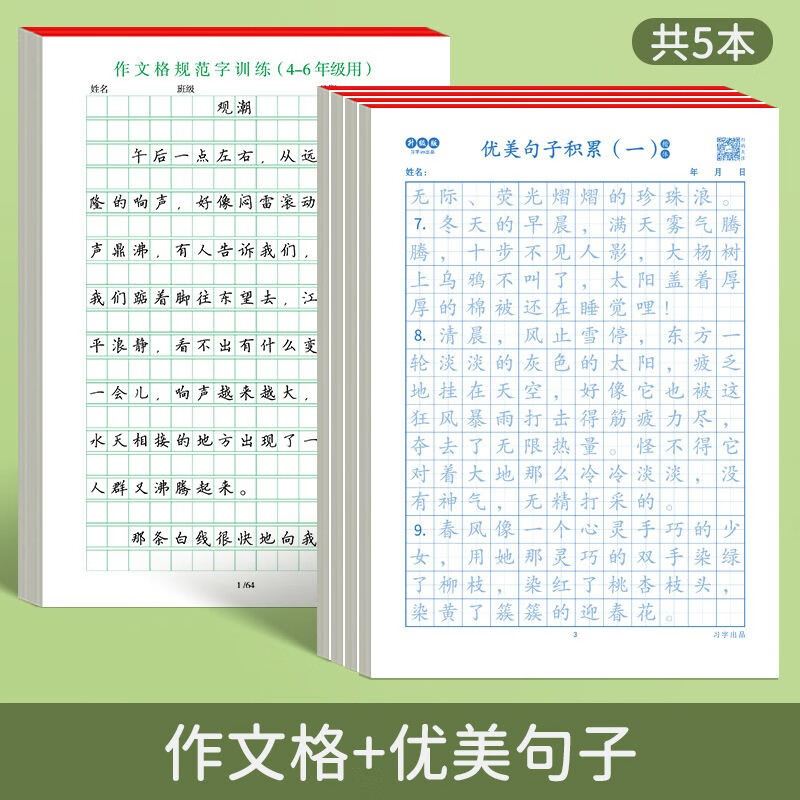 【可选】小学生作文格练字帖四五六年级规范字训练儿童横线格硬笔书法楷书400格作文纸500格语文考试格子手稿纸小学生作文纸活页稿纸本 【方格/5本】规范字训练+优美句子