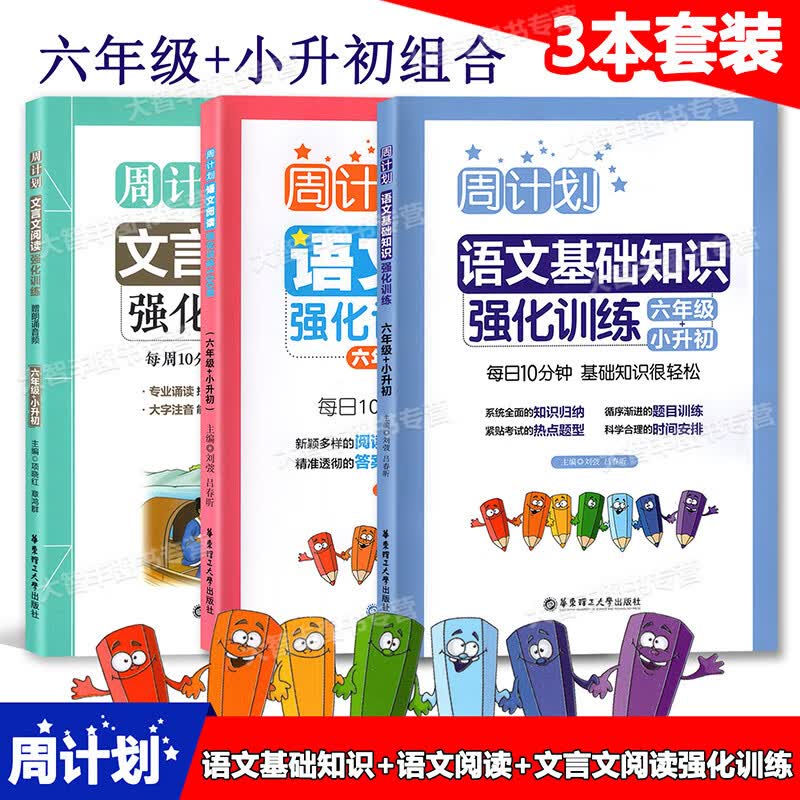 周计划小学语文阅读强化训练100篇+语文基础知识+文言文阅读强化训练 6年级/六年级+小升初 3本套装 含答案