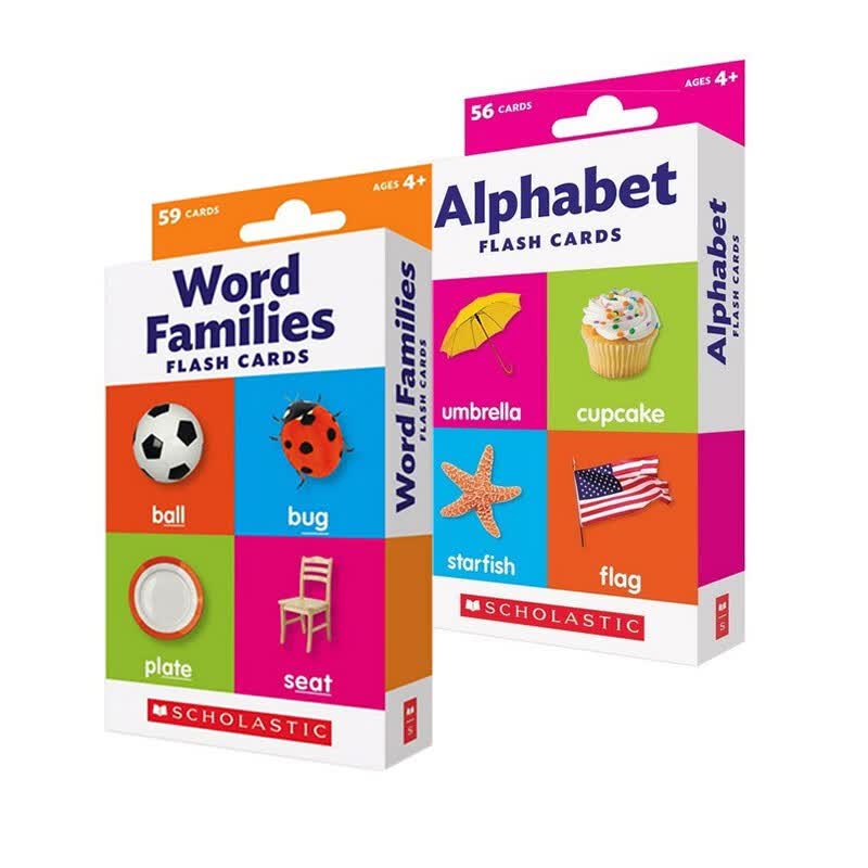 学乐儿童学习字卡 英文原版 Scholastic Flash Cards 卡片学习 Word Families/Alphabet 2盒 基础单词字卡
