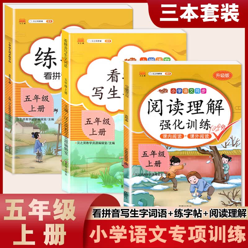 五年级上册下册阅读理解强化训练书小学生看拼音写生字词语人教部编版语文课内课外阅读专项训练题同步练习册 【名列前茅 语文提升3本上册】基础2本+练字帖 小学五年级