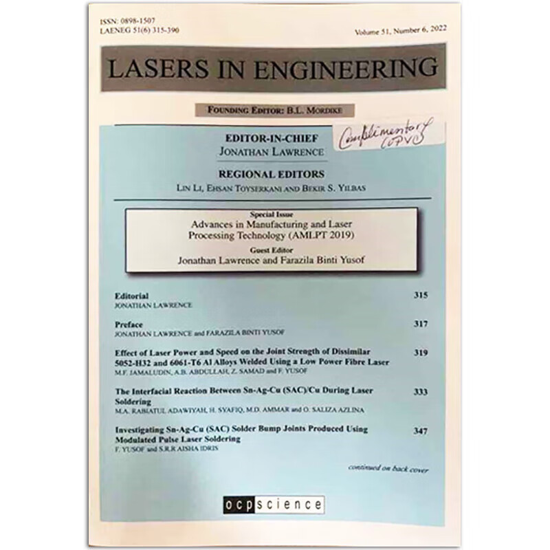 Lasers in Engineering Vol.51 N.1-5 2022年 英文工程激光应用研 2022年6月刊