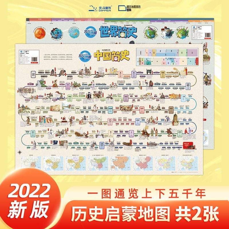 2022新中国世界地图诗词成语恐龙海洋简史星座地图儿童版墙贴 中国+世界简史