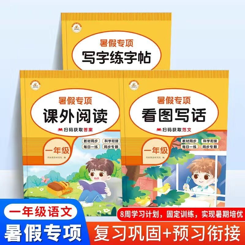 小学一年级下册暑假作业人教版语文数学教材同步训练 一升二暑假衔接天天练复习二年级上册预习巩固练习册 【语文专项】字帖+阅读+写话【3本】