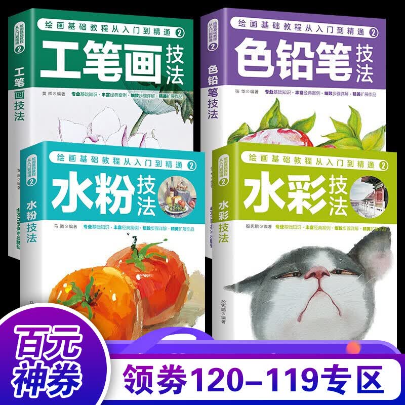 【百元神券】全套4册 绘画技法基础教程 彩铅绘画书 水彩书 水彩画 工笔画 临摹画册手绘自学零基础入门画画书籍书籍 套装