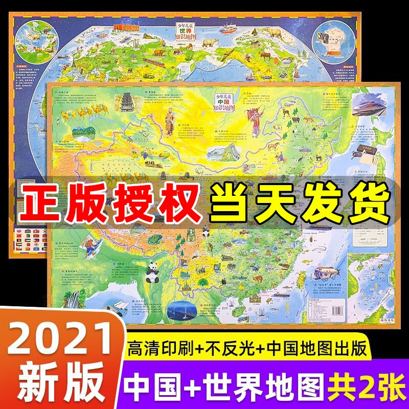中国地图+世界地图2张墙贴中小学生通用大尺寸高清地图儿童房专用地理百科知识挂图家用地图 中国地图+世界地图 中小学专用