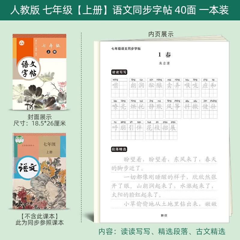 七年级上册下册语文同步字帖人教版初中生钢笔练字帖初一初二初三正楷古诗词练字帖中学生楷书硬笔练字本书 七年级上册
