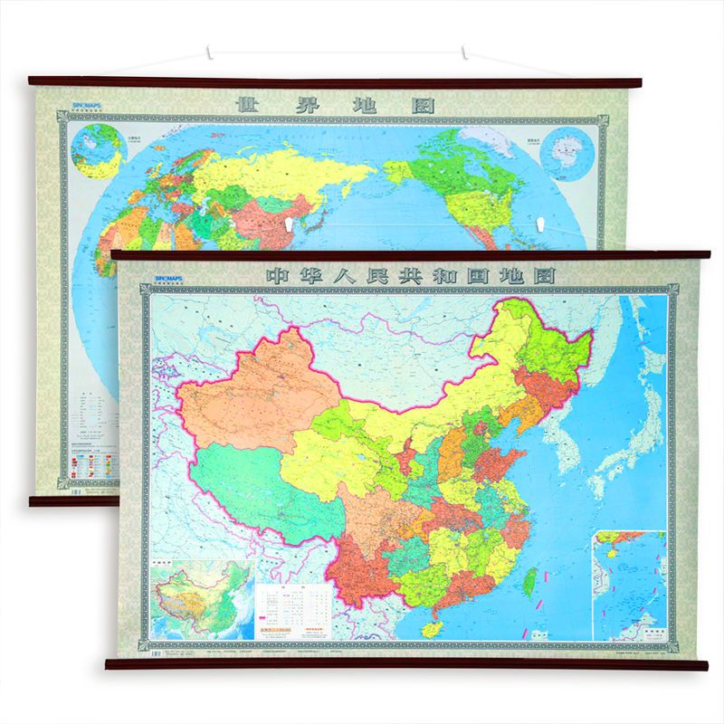 2021中国世界1.8x1.3米清晰覆膜整张无拼缝精美仿木挂杆 中国+世界地图挂图（2张）