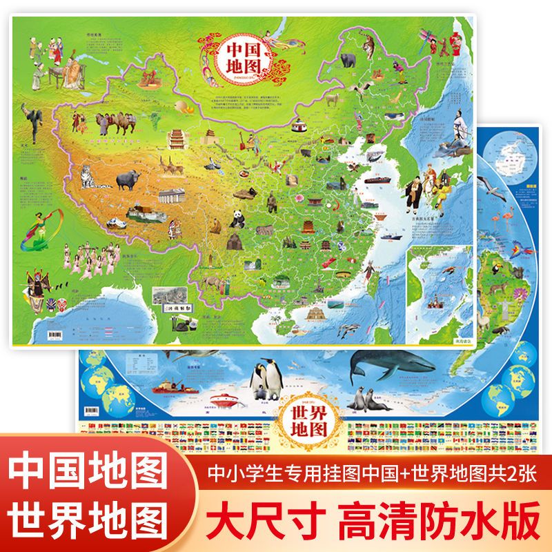 2022版新中小学生挂图中国地理世界地理南极地图北极地图史前动物 中国地图+世界地图（2张）