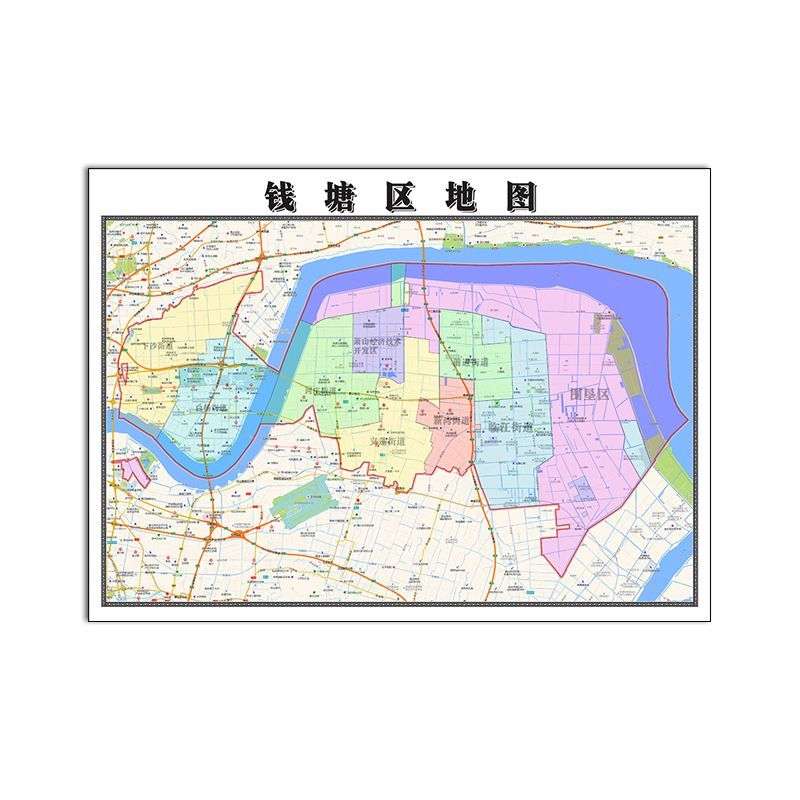 钱塘区地图1.1米浙江省杭州市新版防水会客厅贴画书房玄关装饰画 覆膜
