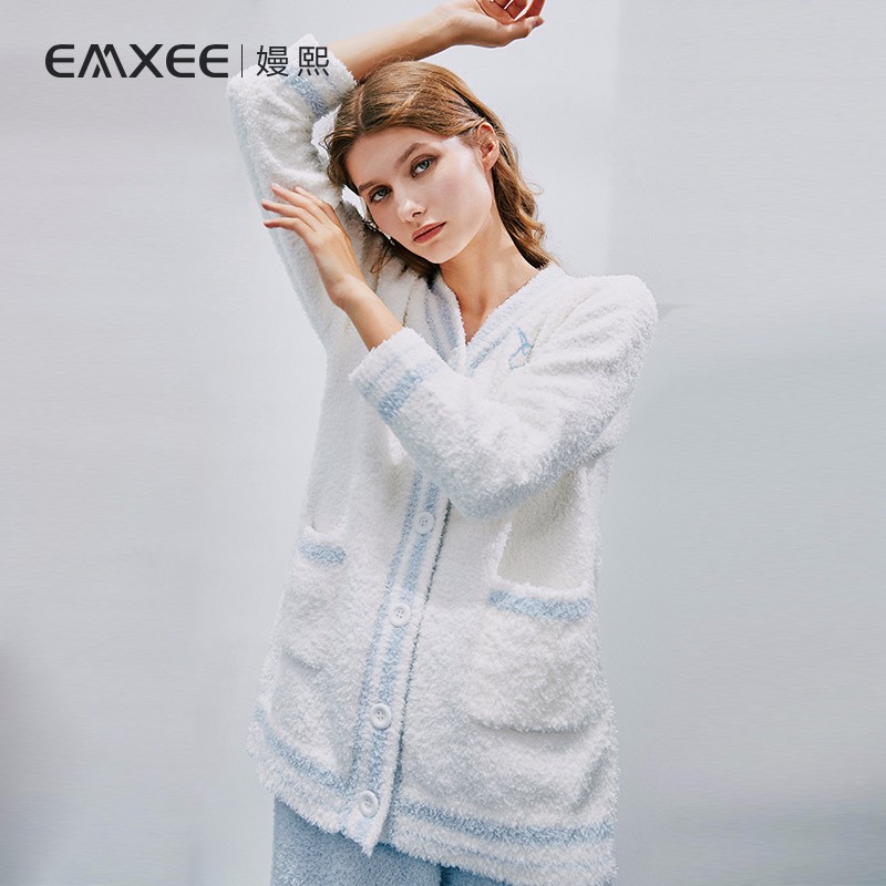嫚熙（EMXEE）秋冬季半边绒月子服孕妇哺乳睡衣产妇产后保暖加厚加绒家居服 开衫-独角兽-浅蓝色 L-京东-618/双十一/双11-京东折扣隐藏大额优惠券
